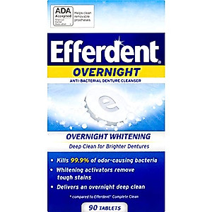Efferdent PM Overnight Clean Anti-Bacterial Denture Cleanser Tablets, Kills Odor-Causing Bacteria with Powerful Oxi-Action, 90 Count (Pack of 1)