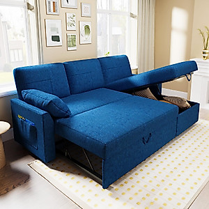 VanAcc Sofa Bed, Sleeper Sofa with Storage Chaise- 2 in 1 Pull Out Couch Sofa for Home Office, Living Room, Comfy Sofa Sleeper, Blue Linen Couch