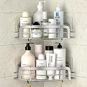 STEUGO Shower Caddy Corner, Bathroom Corner Shower Shelfs, Adhesive Wall Mounted Shower Caddy with 4 Movable Hooks, SUS304 Stainless Steel Bath Storage Shower Organizers, 2 Pack