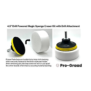 4.5” Drill Powered Magic Sponge Eraser 6 Pieces Kit with Drill Attachment | 25% Thicker Ultra Durable Melamine Cleaning Eraser Pads for Bathroom Kitchen Floors Walls Baseboards Crayon Marker and More