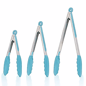 Silicone Kitchen Tongs for Cooking with Silicone Tips, Heat Resistant Tongs for Serving Food, 7-Inch, 9-Inch, 12-Inch Locking Silicone Tongs, Set of 3 Salad Tongs, Aqua Sky Kitchen Utensils