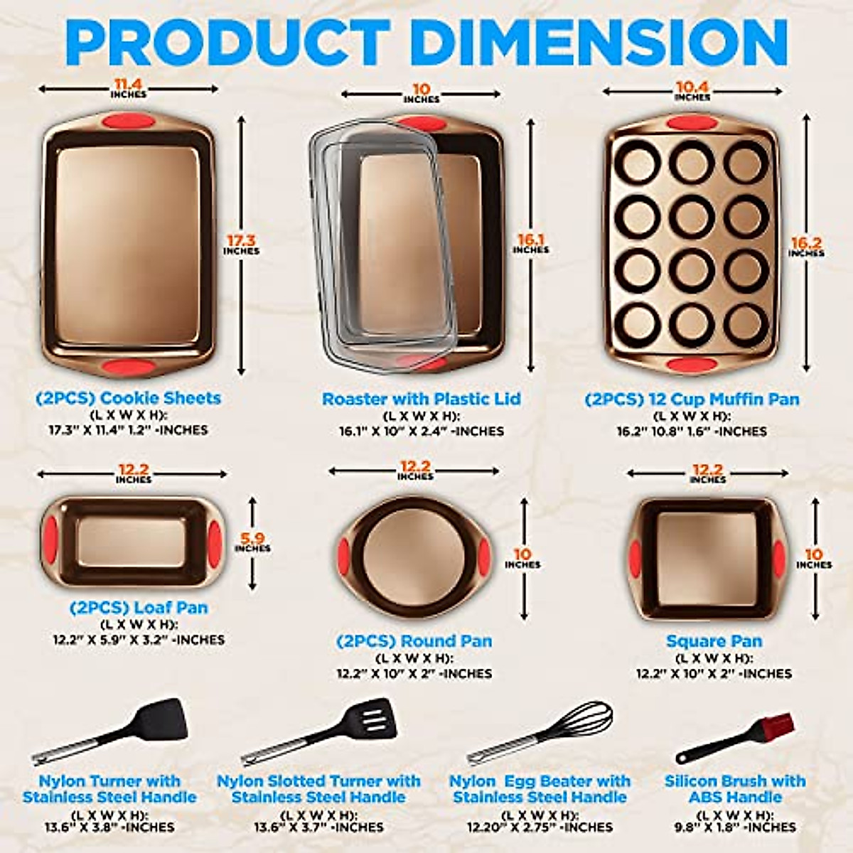 NutriChef 15-Piece Non-Stick Baking Pan Set - Durable Carbon Steel Bakeware Set with Loaf & Muffin Pans, Square & Round Cake Pans, Roaster Pan with Lid, Cookie Sheet, & Nylon Utensils - Gold