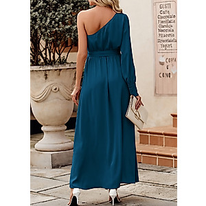 KIRUNDO Women's Satin Long Sleeve One Shoulder Maxi Dress Asymmetrical Tie Waist Slit Party Cocktail Long Formal Dresses(Dark Blue, X-Large)