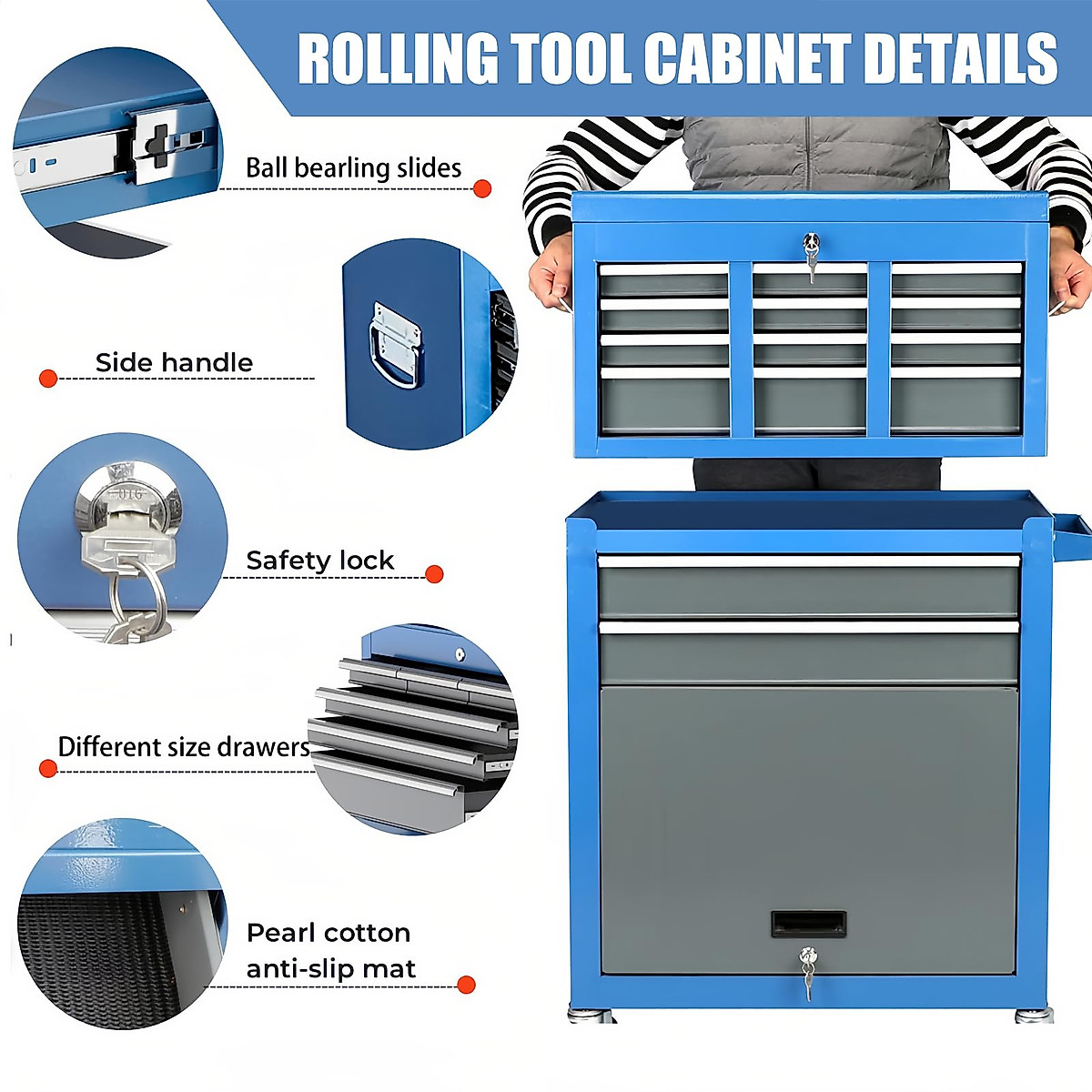 AIRAJ PRO 8-Drawer Rolling Tool Chest with Wheels,Removable Tool Box Organizer,Detachable Top Box & Locking System,High Capacity Tool Storage Cabinet for Workshop Mechanics Garage (Blue)