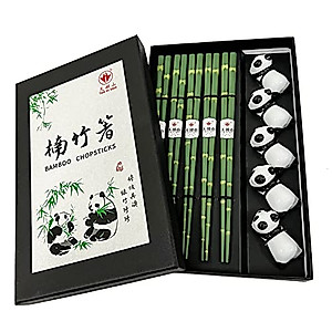 LANHUTHS Wooden Chopsticks Reusable 5 Pairs Gift Set with 5pcs porcelain rest Panda and Green Bamboo Design Hand-Made 8.8 Inch/22.5cm