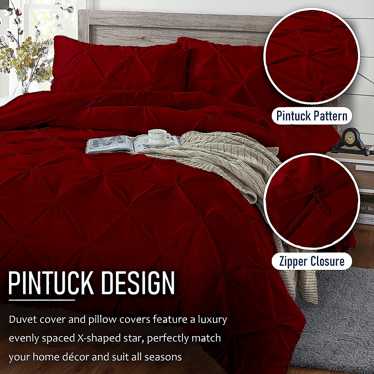 Crown Collection Luxuriate Hotel 1000-TC Hypoallergenic Ultra Soft Design 100% Egyptian Cotton Pinch Plated Duvet Cover with Zipper Colser & 2pcs Pillow Case Set (Super King 98x108, Burgundy)