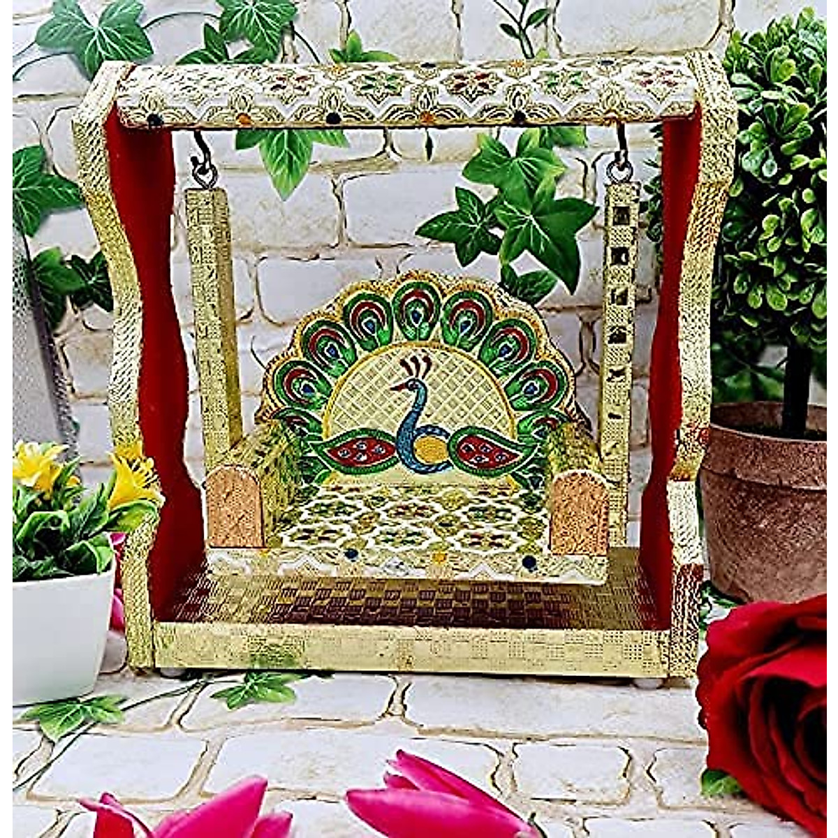 Anjali Enterprises Wooden Handcrafted Meenakari Jhula for Laddu Gopal/Bal Gopal/Krishana Jhula/Jhoola/Laddu Gopal (7.25 inch | Multicolour)