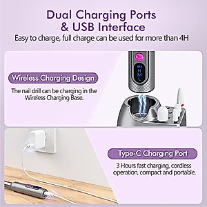 Nail Drill CANDWHIP, Cordless Electric Nail Drill Professional Efile Nail Drill Kit for Acrylic, Gel Nails, Manicure Pedicure Polishing Shape Tools Design for Home Salon Use Gray