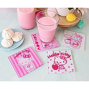 Sanrio Hello Kitty Strawberry Milk Glass Coasters for Drinks, Set of 4 | Tabletop Protection For Home Kitchen, Dining Room Table