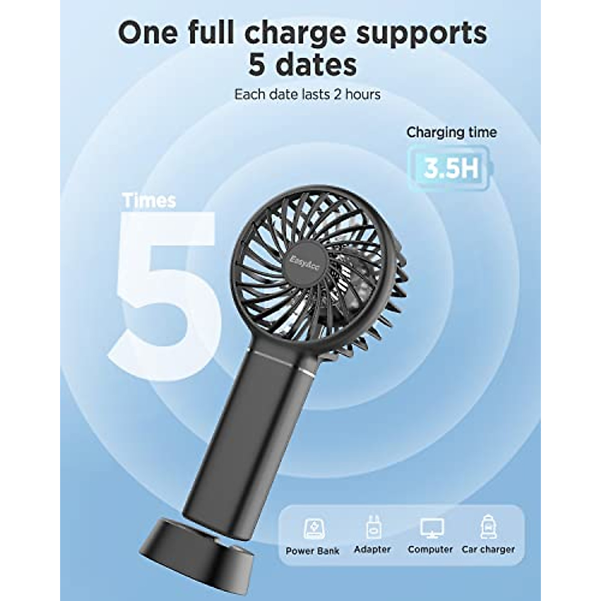 EasyAcc Mini Portable Fan Mini Handheld Fan, 3 Speed USB C Rechargeable Battery Operated Fan Pocket Fan, Personal Fan with Lanyard and Base Cooling Desk Fan for Kids Women for Travel Indoor Outdoor