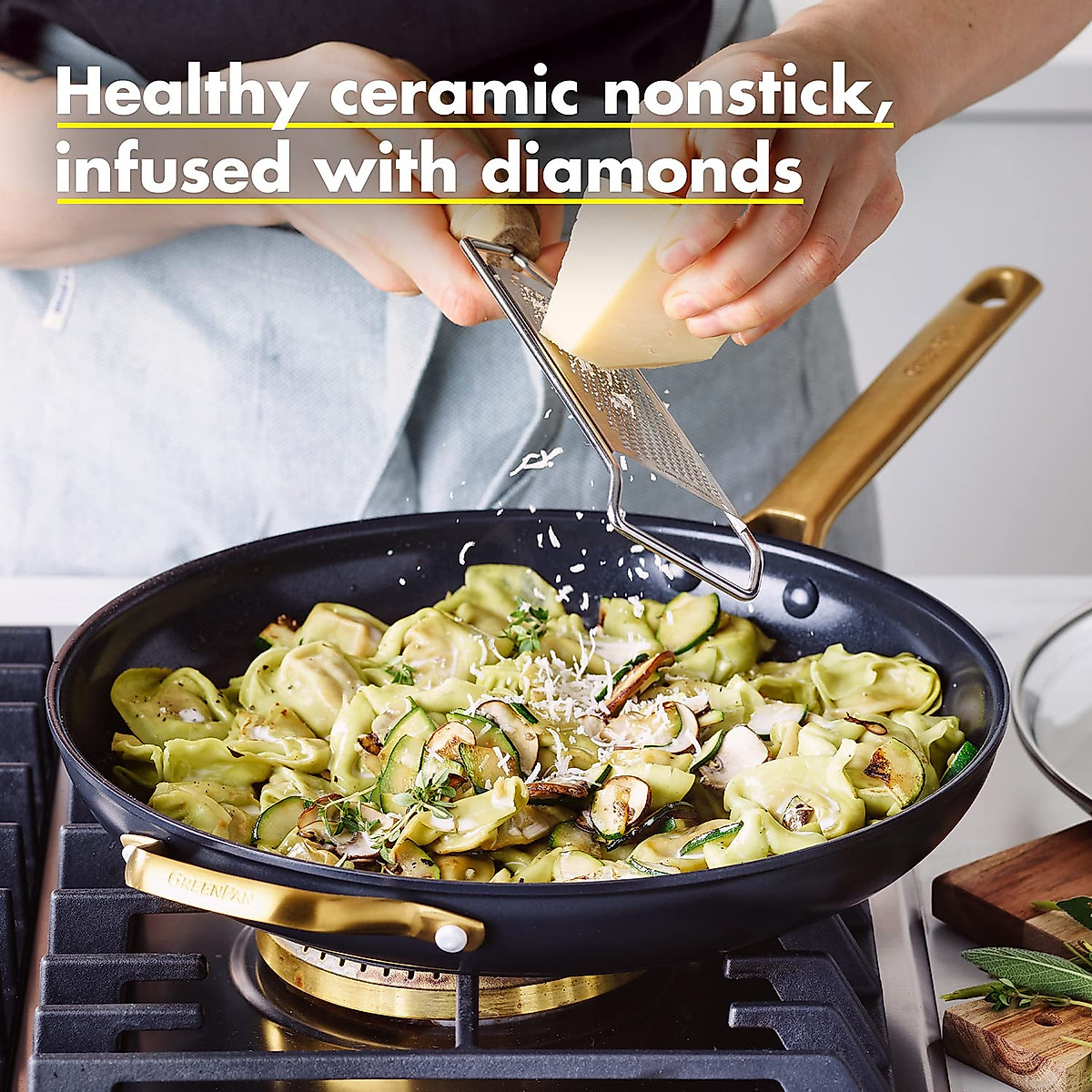 GreenPan Reserve Hard Anodized Healthy Ceramic Nonstick 12" Frying Pan Skillet with Helper Handle and Lid, Gold Handle, PFAS-Free, Dishwasher Safe, Oven Safe, Black