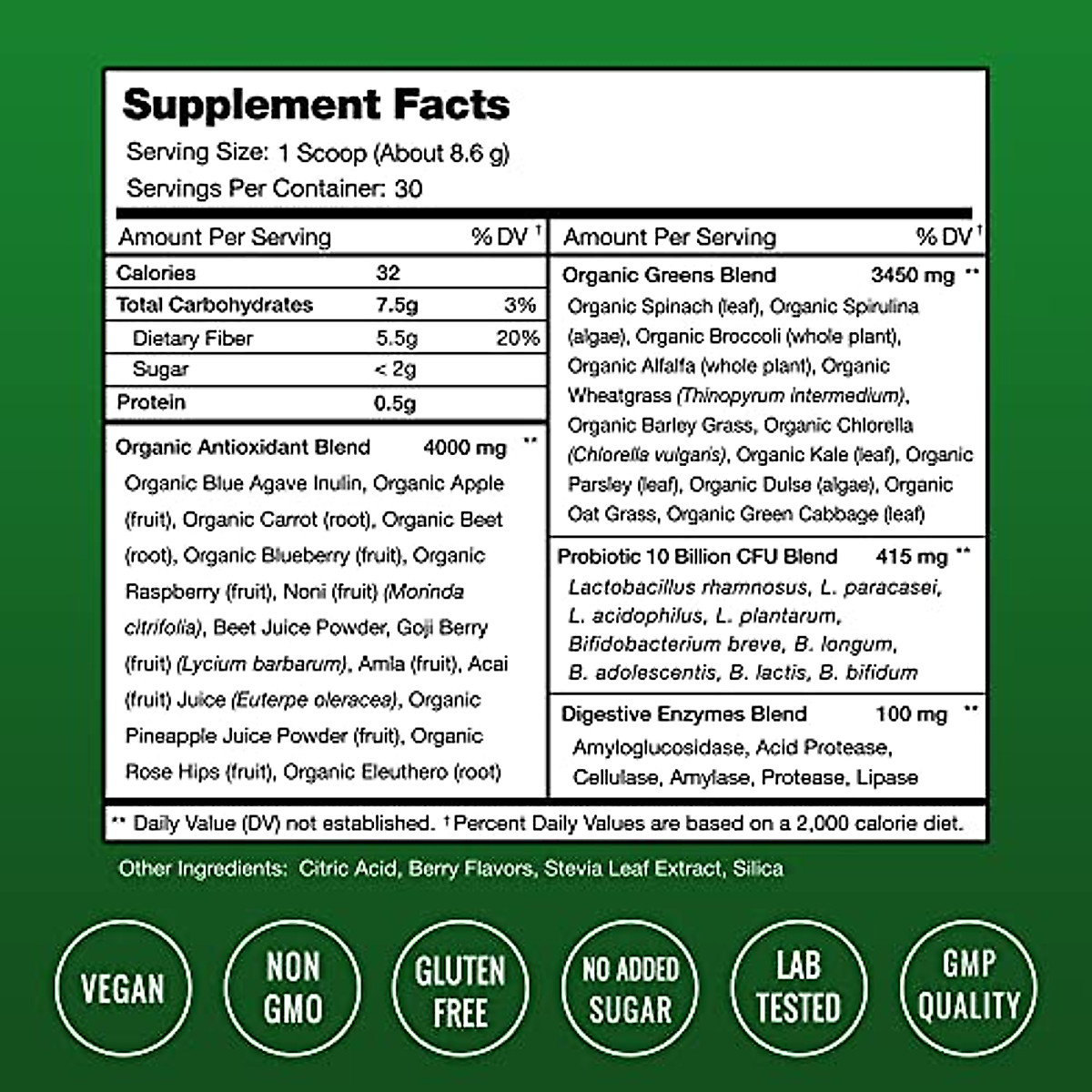 Super Greens Powder Premium Superfood | 20+ Organic Green Veggie Whole Foods | Wheat Grass, Spirulina, Chlorella & More | Antioxidant, Digestive Enzyme & Probiotic Blends | Vegan Juice Supplement