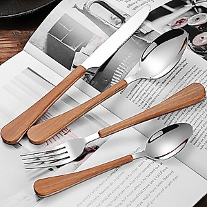 Aimilan 48 Piece Silverware Set for 12, Imitation Wooden Handle Flatware Cutlery Set for Home Kitchen Restaurant, Mirror Finish, Dishwasher Safe (48-Piece for 12)