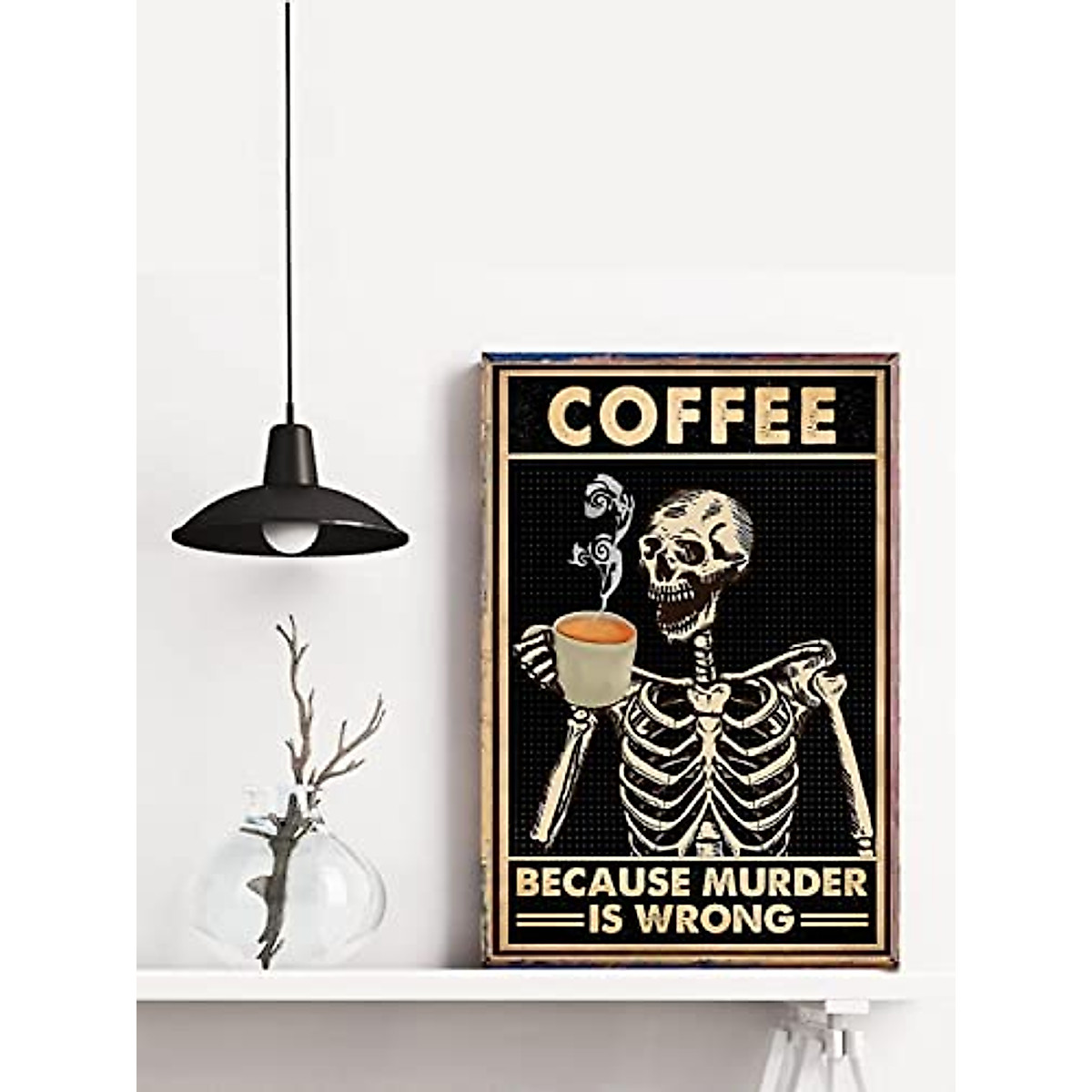 Coffee Because Murder Is Wrong Skull Tin Sign Funny Poster Old Fashioned Black Skeleton Coffee Lover Gifts Coffee Shop Kitchen Coffee Area Coffee Bar Art Wall Decor Metal Tin Sign 8x12 Inch