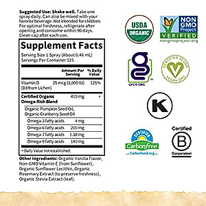 Garden of Life Vitamin D3 Liquid 1000 IU Per Spray, Vegan D3 Vitamin for Women and Men, Mykind Organic D3 Plus Omegas - Vanilla Flavor - 125 Servings - 2 fl oz Liquid Whole Food D3 Vitamin Supplement