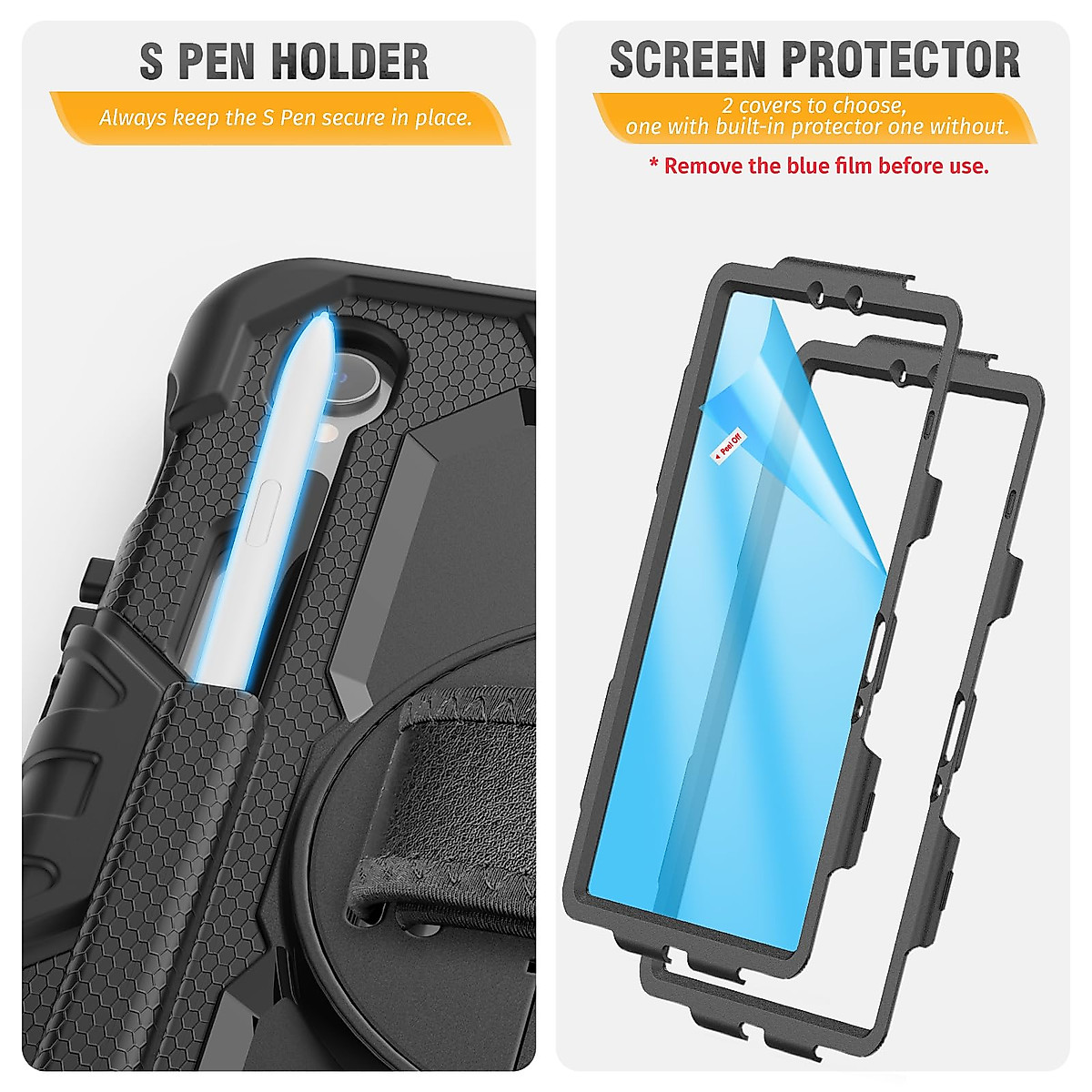 HXCASEAC Case for Galaxy Tab S9 / S9 FE 5G Case, Protective with Screen Protector/Hand Strap/S Pen Holder, Heavy Duty Shockproof for Samsung Galaxy S9 FE Tablet Case 10.9 inch / 11 inch - Black