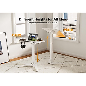 Claiks Mobile Standing Desk, Portable Rolling Standing Desk with Wheels, Pneumatic Height Adjustable Sit-Stand Desk Workstation with 90° Tiltable, Foldable Desk with Non-Slip Computer Stand, White