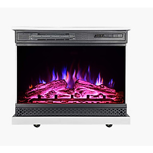 GMHome 25 Inches Portable Electric Fireplace Free Standing Heater, Glass Window Three Sides View Window , with Remote & Wheels, 1500W, White