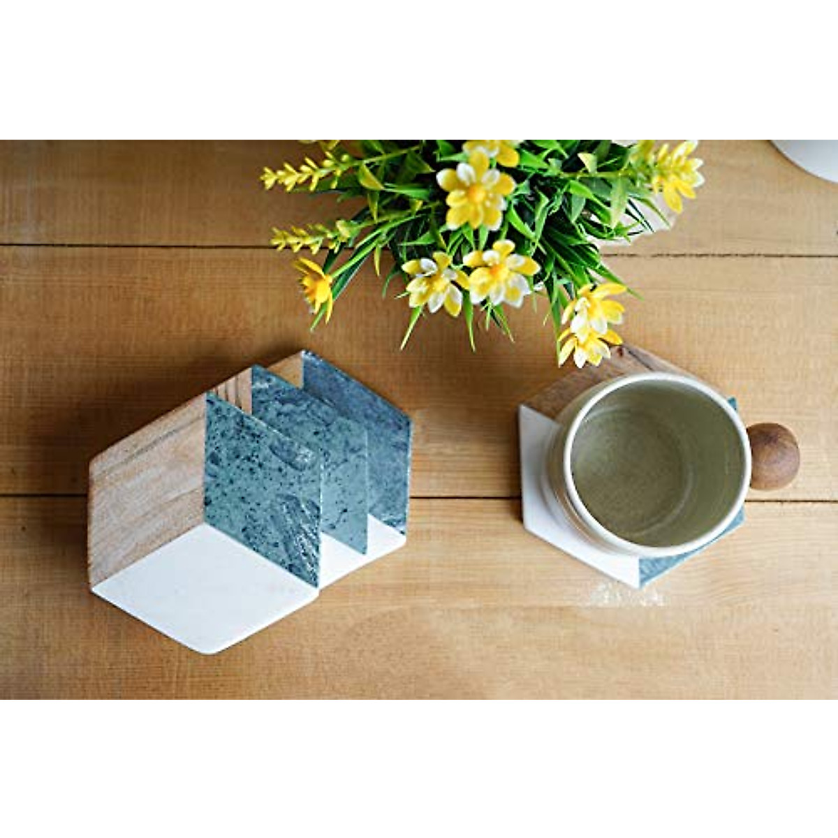 GoCraft Hexagon Geometric Coasters | Handcrafted Geometric Coasters with Green for Your Drinks, Beverages & Wine/Bar Glasses | Green Marble & Wood Inlay on White Marble Base (Set of 4)