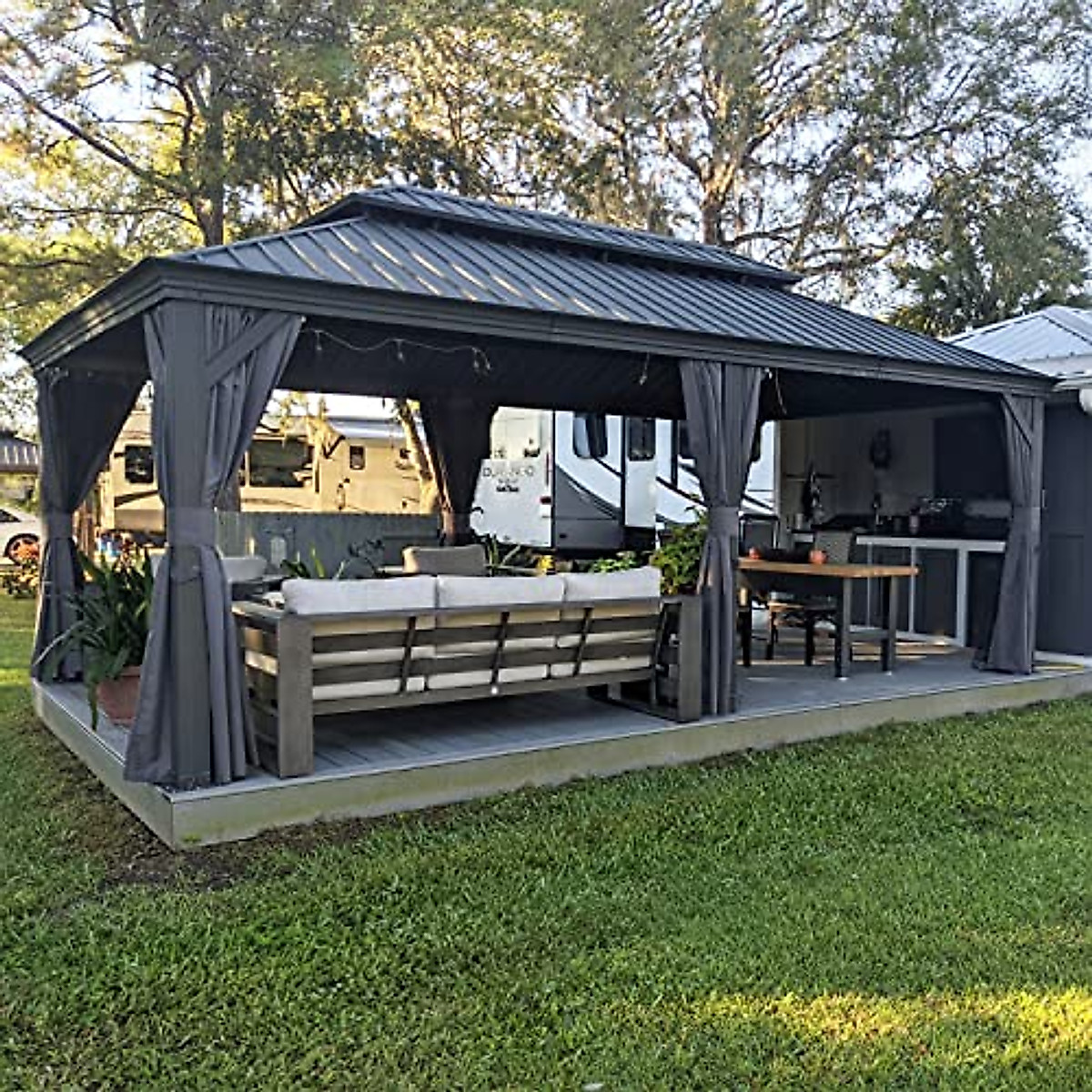 PURPLE LEAF 12' X 20' Permanent Hardtop Gazebo Aluminum Gazebo with Galvanized Steel Double Roof for Patio Lawn and Garden, Curtains and Netting Included, Grey