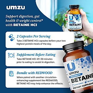 UMZU Betaine HCl Supplement | Digestive Support, Gastric Comfort, Nutrient Absorption & Cardiovascular Support | Natural Digestion & Gut Health Aid (120 Capsules)