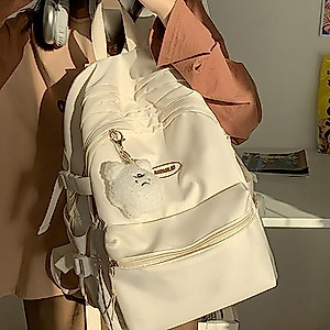 DUNBRI Kawaii Backpack with Cute Plush Pendant Aesthetic Casual Travel Work Backpack 36 to 55L (White)