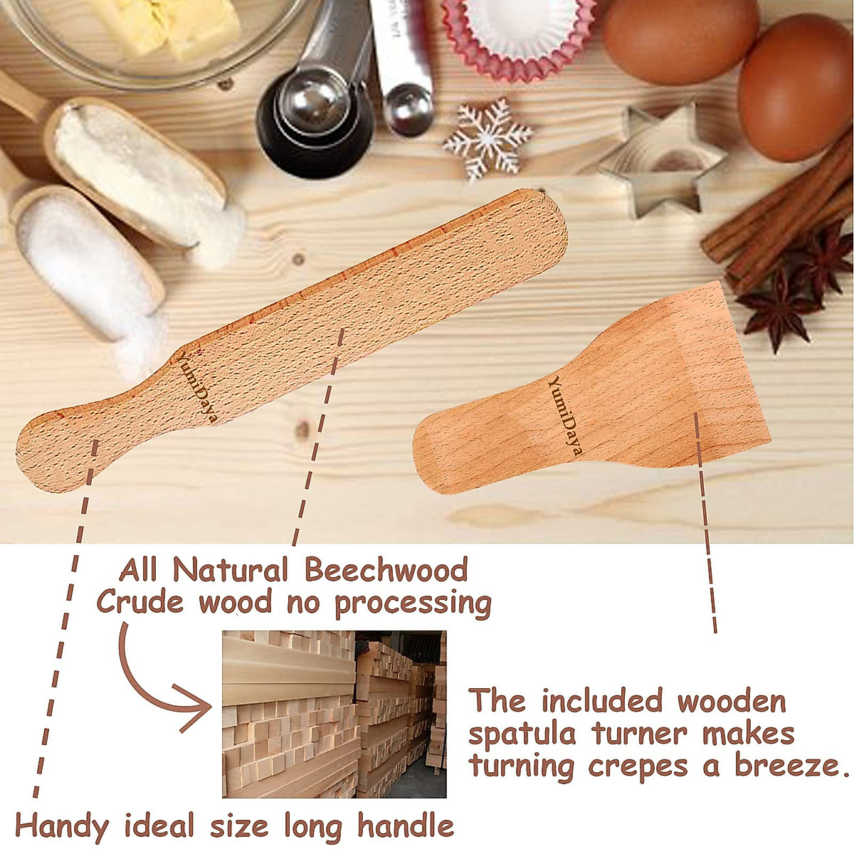 Crepe Spreader and Crepe Spatula Turner Set,Convenient Sizes to Fit Any Crepe Pan Maker - 100% Natural Wooden Crepe Spatula Set for Crepe Tools