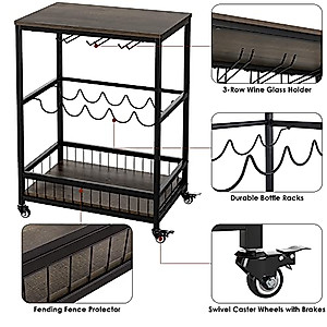HITHOS Industrial Bar Carts for The Home, Mobile Bar Serving Cart, Wine Cart on Wheels, Beverage Cart with Wine Rack and Glass Holder, Rolling Drink Trolley for Living Room, Kitchen, Dark Brown