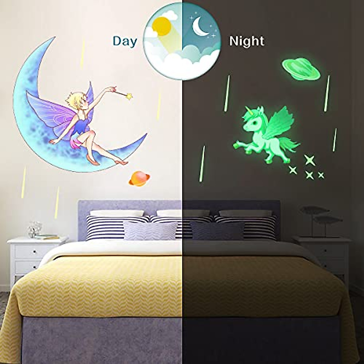 MESU Glow in The Dark Stickers Unicorn Wall Decals Moon Fairy Luminous Ceiling Decor for Girls Kids Room Nursery Unicorn
