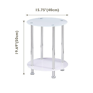 ROOIOME 2-Tier 15.75" Glass Round End Table, Glass Sofa Side Table with Storage Shelf for Living Room, Bedroom, White