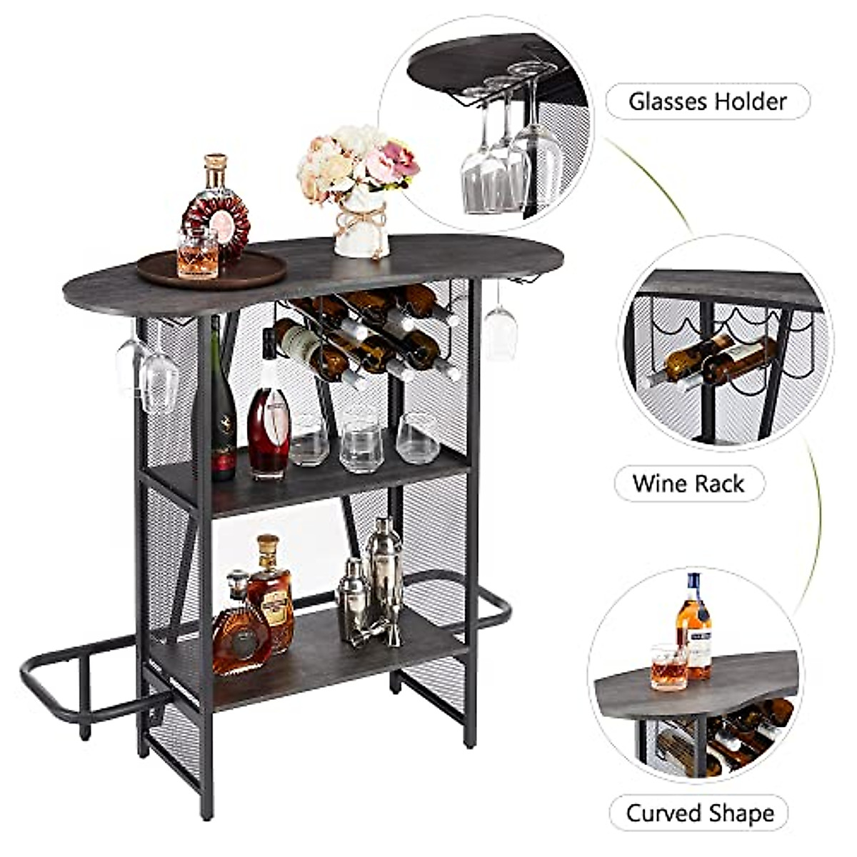 VECELO Bar Unit with Metal Mesh Front, 3-Tier Wine Rack Table with Glasses Holder, Home Liquor Cabinet with Storage and Footrest for Living Room, Kitchen, Cement Grey