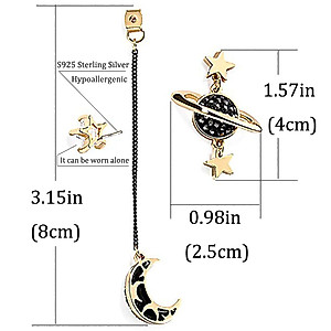 Moon And Star Dangle Earrings For Women Sterling Silver Hypoallergenic Sensitive Ears Unique Chic Kpop Asymmetry Design Boho Cubic Zirconia Planet Drop Earrings Jackets (Black)