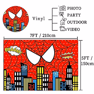 Vinyl 7x5ft Red Spider Web Photography Backdrop for Children Boys 1st Birthday Party Banner Decorations Superhero Theme Cityscape Photo Background Baby Shower Photo Booth Supplies
