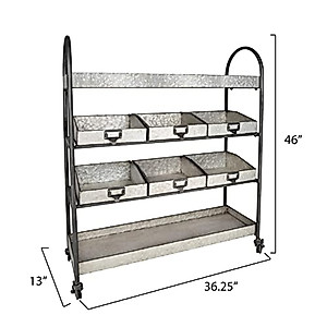 Creative Co-Op Metal 4 Tier Cart on Casters with 2 Open Shelves & 6 Bins,Grey