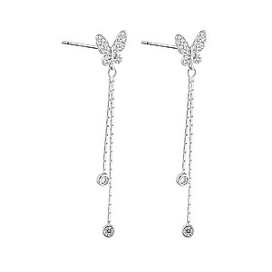 SLUYNZ Sterling Silver CZ Butterfly Pendant Tassel Earrings for Women Teen Girls Butterfly Long Drop Dangle Earrings Butterfly Drop Studs Earrings Tassel Chain (A-Silver)