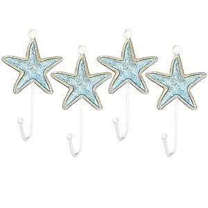 MShengM Set of 4 Starfish Decorative Wall Hooks,White Starfish Decor Hooks,Beach Coastal Wall Hooks,Beach Ocean Home Coastal Bathroom Hook for Clothes,Aprons,Towels,Hats