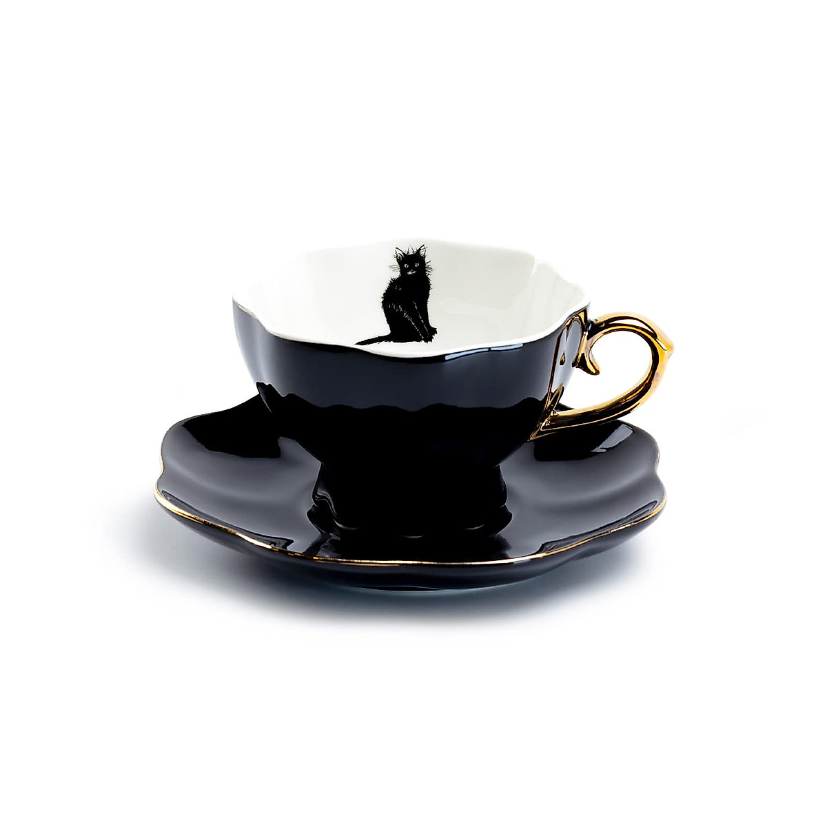 Grace Teaware Black Cat Fine Porcelain Tea Cup and Saucer with Hand Painted Gold Trim Halloween, Black White and Gold