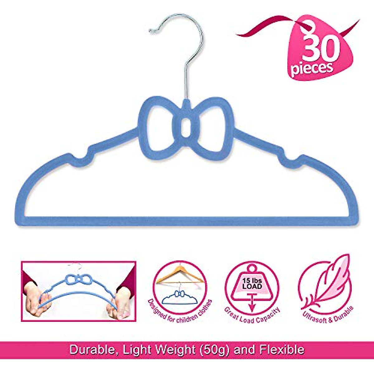 Kids Velvet Hangers (13" - 30 Pack) - Baby Clothes Hangers with Blue Bow Design for Ages 4-12 -Toddler Hangers - Non-Slip Baby Hanger & Small Hangers - Baby Hangers Velvet & Baby Felt Hangers