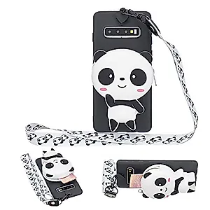 Girlyard for Samsung Galaxy S10 Plus Silicone Case with 3D Cartoon Animal Zipper Wallet Purse Stand Holder Cover and Long Detachable Lanyard Strap Phone Case for Kids Girls,Black Panda