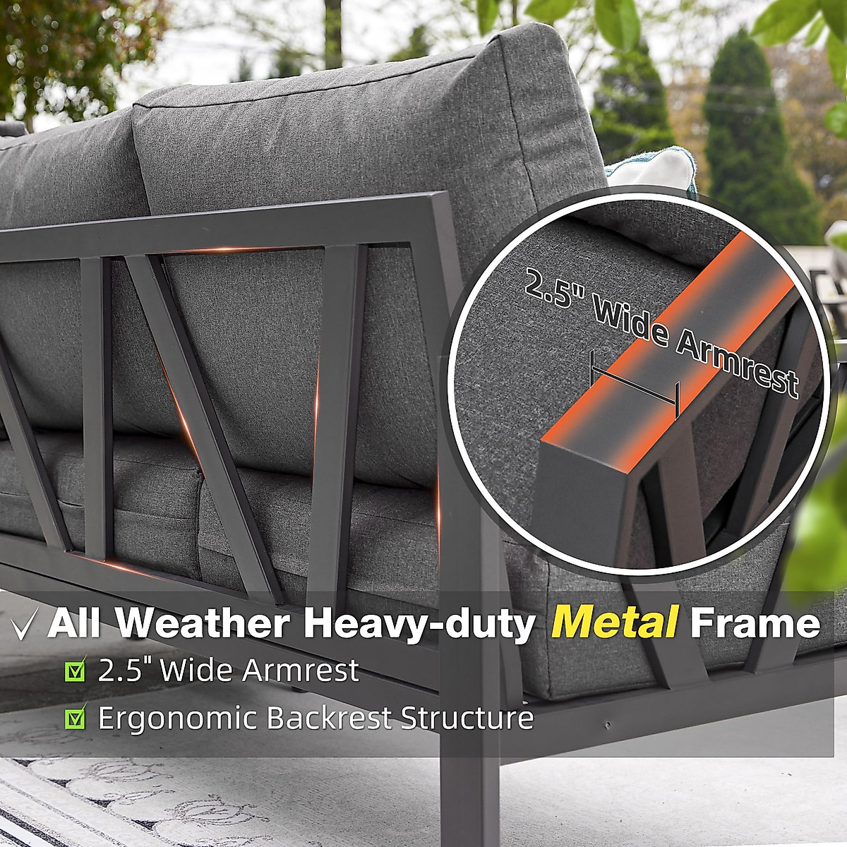 COMLAX FIELD Outdoor Patio Furniture Set, 4 Pieces Metal Patio Furniture Set with Coffee Table, Modern Outdoor Patio Conversation Seating Set, Grey