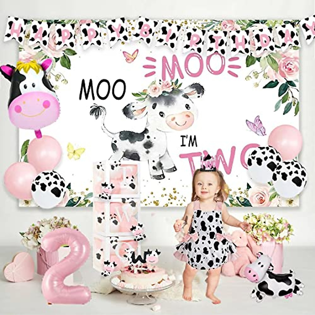126 PCs Moo Moo Im Two Birthday Decorations Girl, Fiesec Cow 2nd Birthday Party Supplies Two Years Old Backdrop Balloon Garland Banner Cake Cupcake Toppers Boxes Cutout Crown Poster Pink White Black