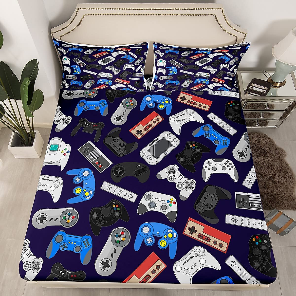 Erosebridal Gamer Fitted Sheet Twin Size Gaming Bed Set Boys Gamepad Bed Cover for Kids Teens Juvenile Retro Video Games Bedding Set for Living Room Dorm Decorative, Blue (No Flat Sheet)