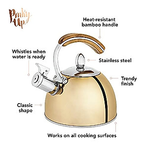 Pinky Up Presley Tea Kettle, Stovetop Stainless Steel Kettle, Whistling, Tea Accessorie gifts, Fast Boil Water Kettle, Wooden Handle, 70 oz, Gold