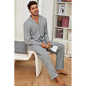 Andeip Mens Sleepwear Mens Pajamas Set Waffle Knit Long Sleeve Pjs Matching Lounge Set Light Grey L