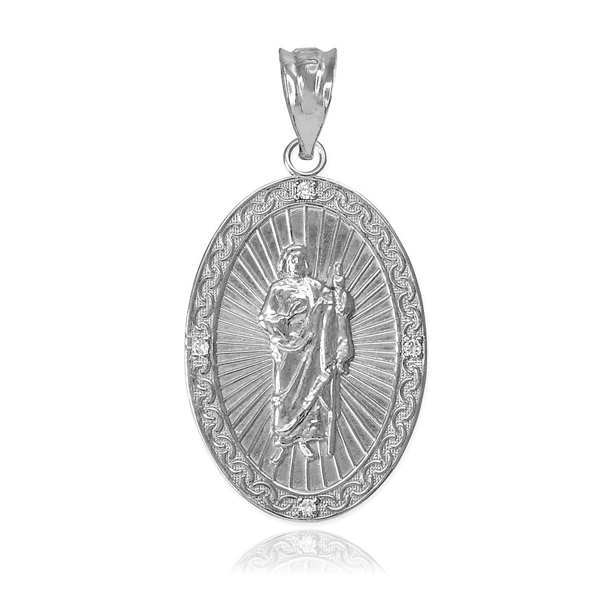 925 Sterling Silver Oval Saint Jude Thaddeus CZ Medal Charm Pendant (Medium)
