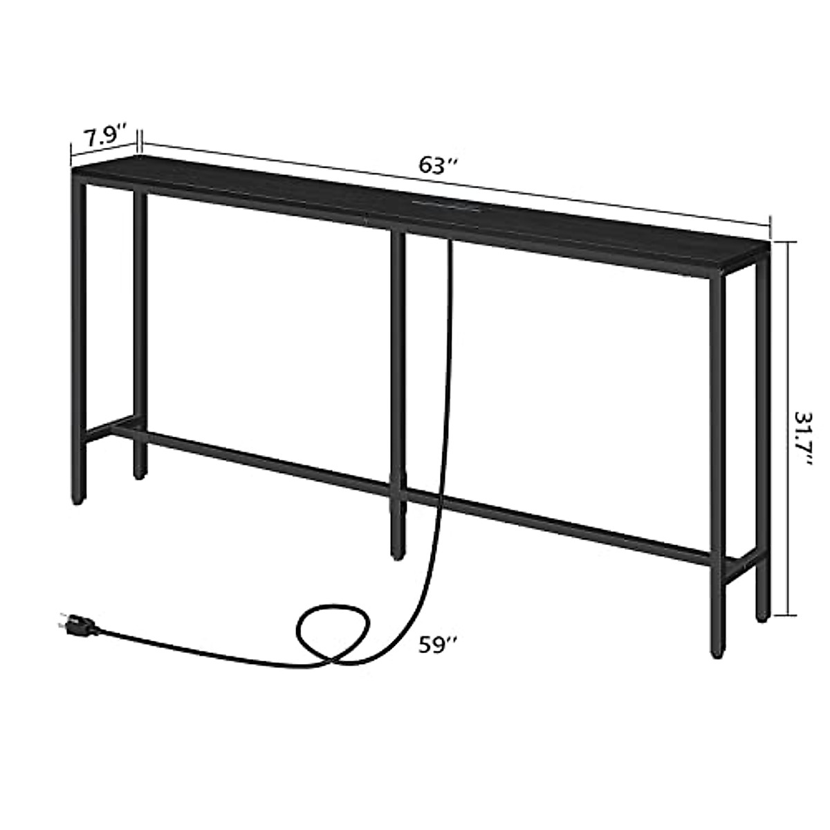 MAHANCRIS Console Table with Power Outlet, 63" Narrow Sofa Table, Industrial Entryway Table with USB Ports, Behind Couch Table for Entryway, Hallway, Foyer, Living Room, Bedroom, Black CTHB16E01