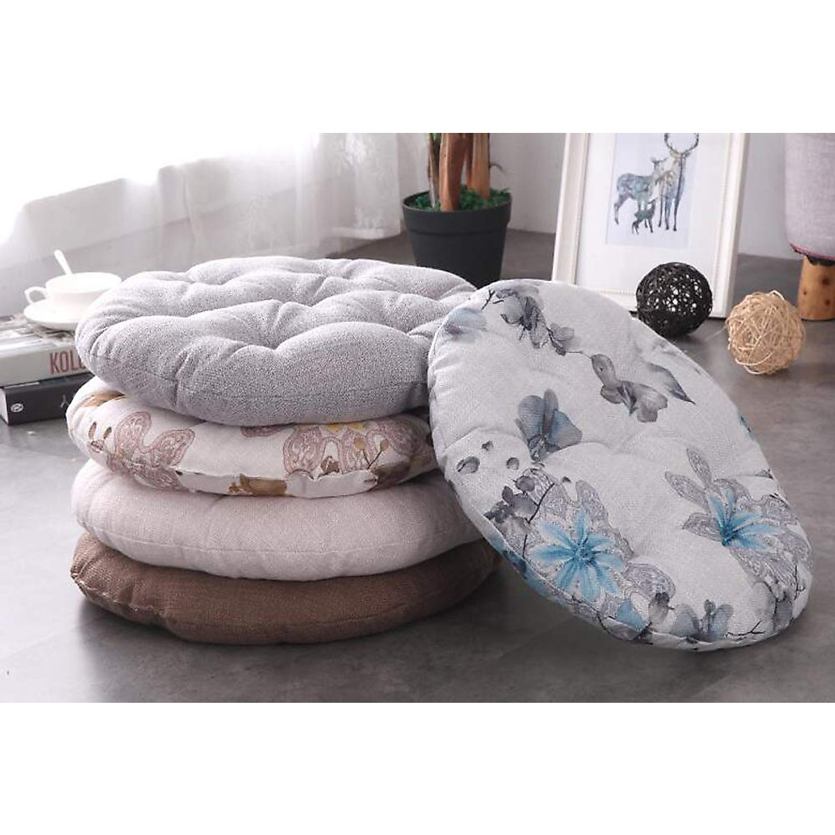 Tourequi Modern Simple Round Cotton and Linen Chair Cushions Thicken Striped Chair Pads (Solid Grey, M)