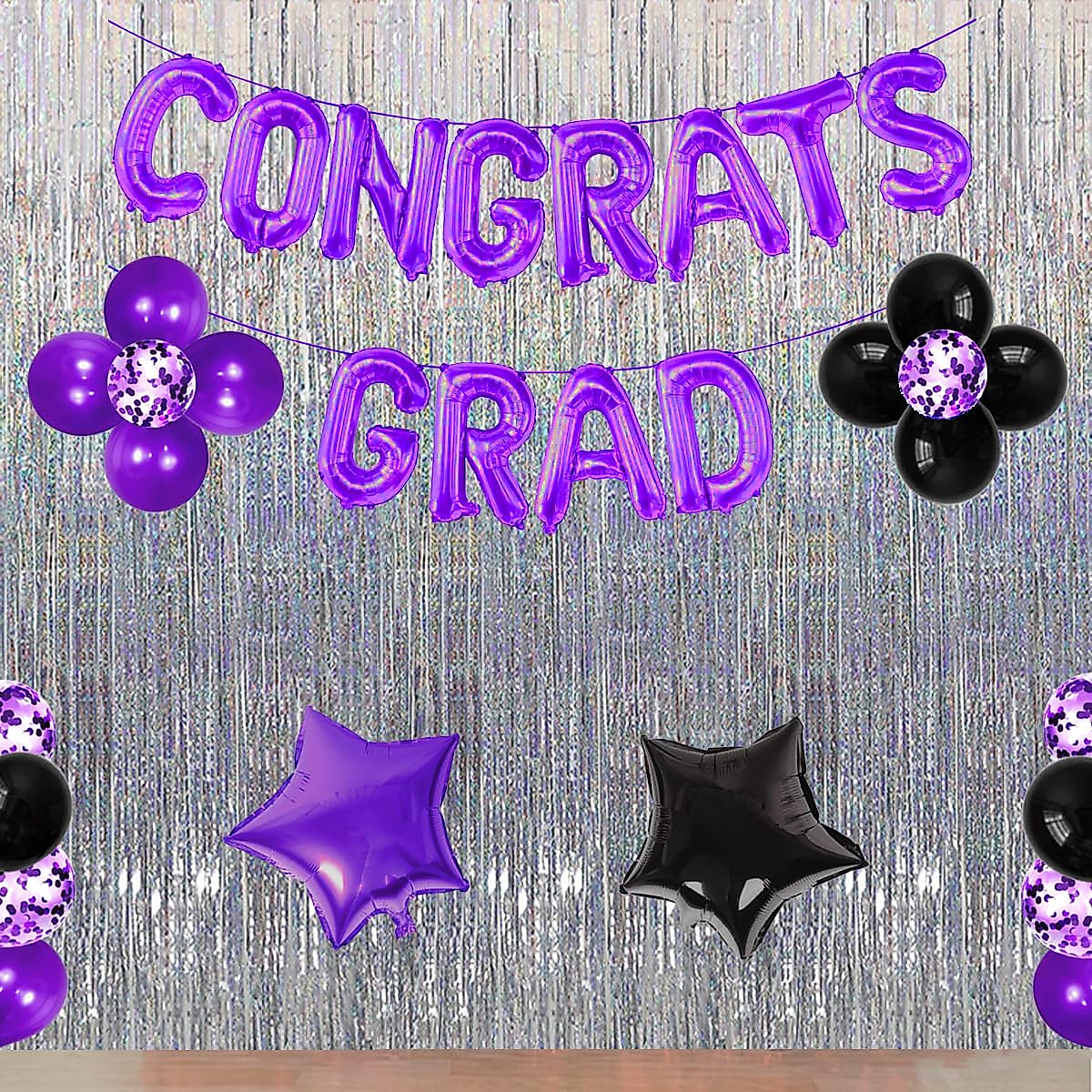 Purple Themed 2024 Graduation Decorations, Purple Congrats Grad Banner with Black Purple Latex and Fiol Star Balloons for Purple Congrats Grad Graduation Class of 2024 Party Decorations