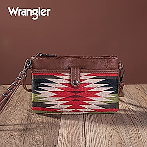 Wrangler Crossbody Handbag Brown Wristlet Purse Aztec Printes Canvas Clutch for Women Vegan Leather Cell Phone Bag,WG52-C181BR