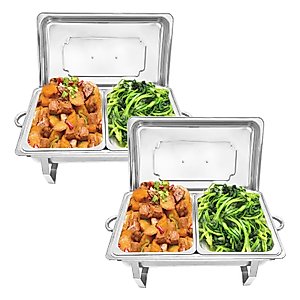 EVGTTI Chafing Dish Buffet Set, 2 Pack 8 Qt, Stainless Chafer w/ 4 Half Size Pans, Rectangle Catering Warmer Server w/Lid Water Pan Folding Stand Fuel Tray Holder Clip, at Least 8 People Each